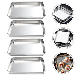 BESTonZON 4pcs Baking Sheets Stainless Steel Baking Pan Tray Cookie Sheet Oven Pan Food Tray Metal Dinner Dish for Lunch Dinner Camping Cooking Roasting Silver