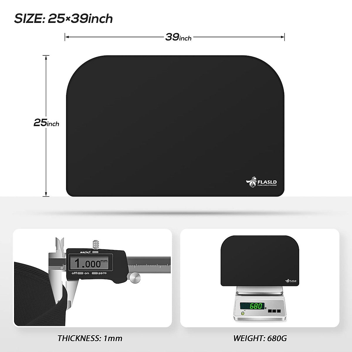 FLASLD Fireproof Indoor Fireplace Mat, Outdoor Flame-Resistant Pad Fiberglass Rug for Hearth and Chiminea, Ember Protection Mat for Fireplace Stove (Black, 25×39 inch)