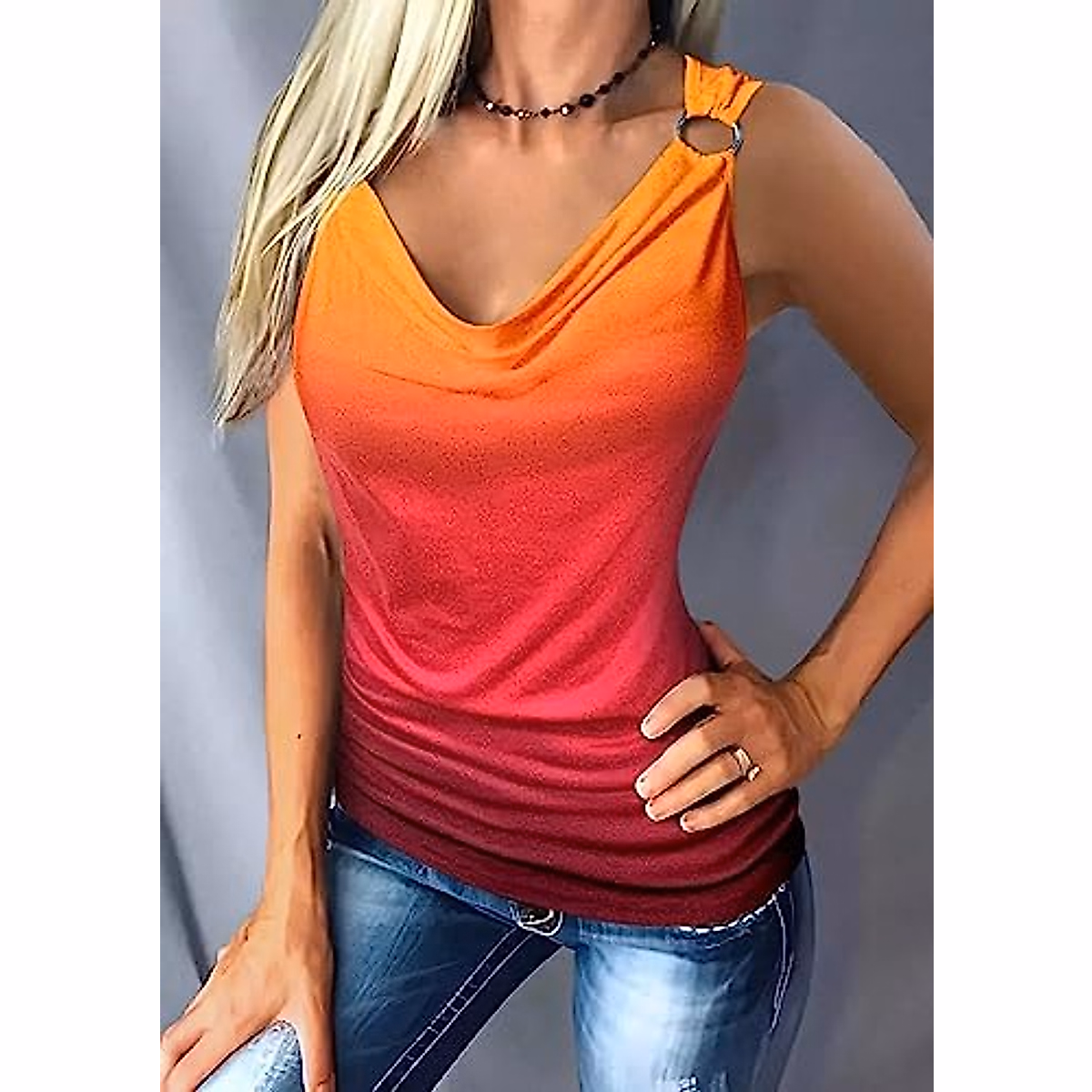 TAIUICY Womens Gradient Ruched Hollow Out Cowl Neck Tank Tops Sexy Cowl V Neck Draped Sleeveless Stretchy Blouse(M,Orange)