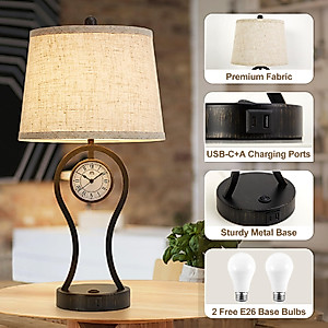 Luvkczc Vintage Clock Lamp, Black Metal with USB Charging Ports, LED Bulbs Included, 3-Year Warranty