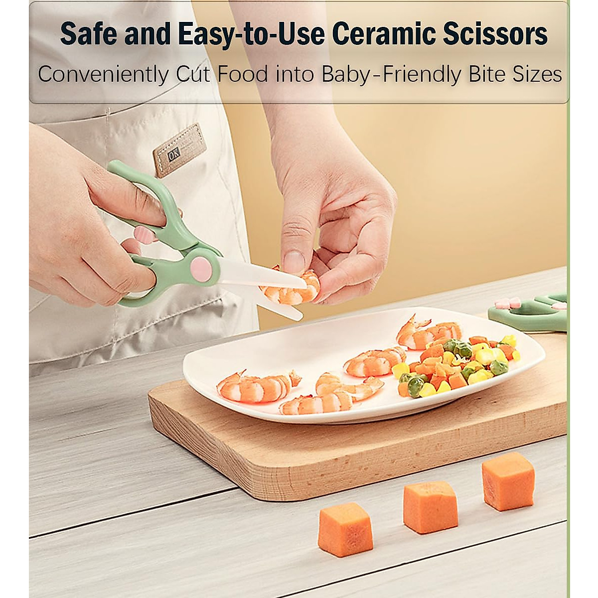 Baby Food Scissors Kicthen Shears -2Pack Portable Healthy Cute Kids Ceramic Scissors with Safety Lock and Storage Travel Case - Ideal for Cutting Meat, Chicken, Vegetables, and Fruits (Pink+Green)
