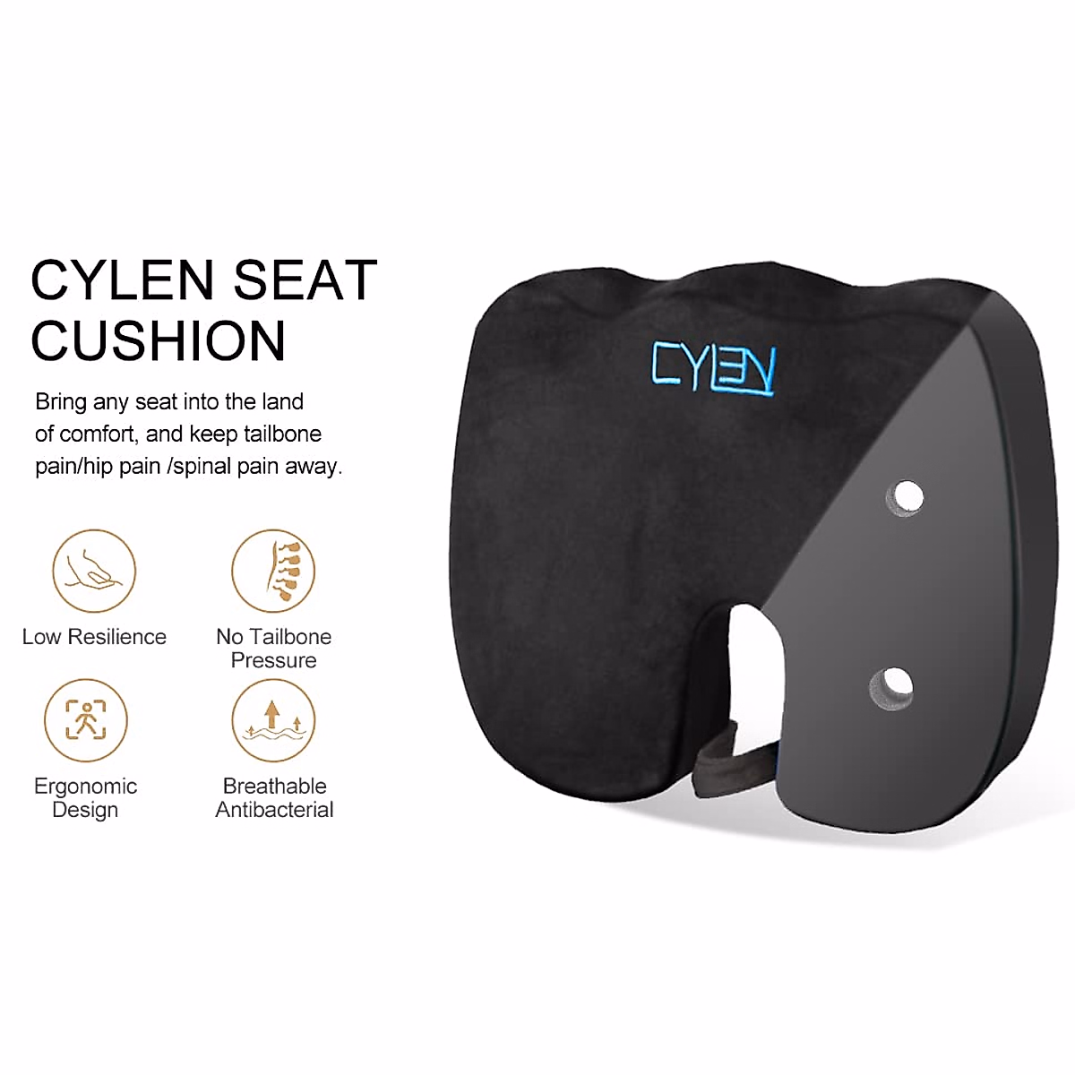 CYLEN Home-Memory Foam Bamboo Charcoal Infused Ventilated Orthopedic Seat Cushion for Car and Wheel Chair - Washable & Breathable Cover (Black)
