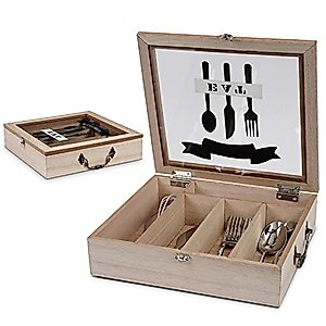 WPKLTMZ Wooden Cutlery Box with Lid Wood Cutlery Organizer Silverware Drawer Organizer with 4 Compartments for Spoon Chopsticks Storage Box Container for Kitchen Countertop Dining Table