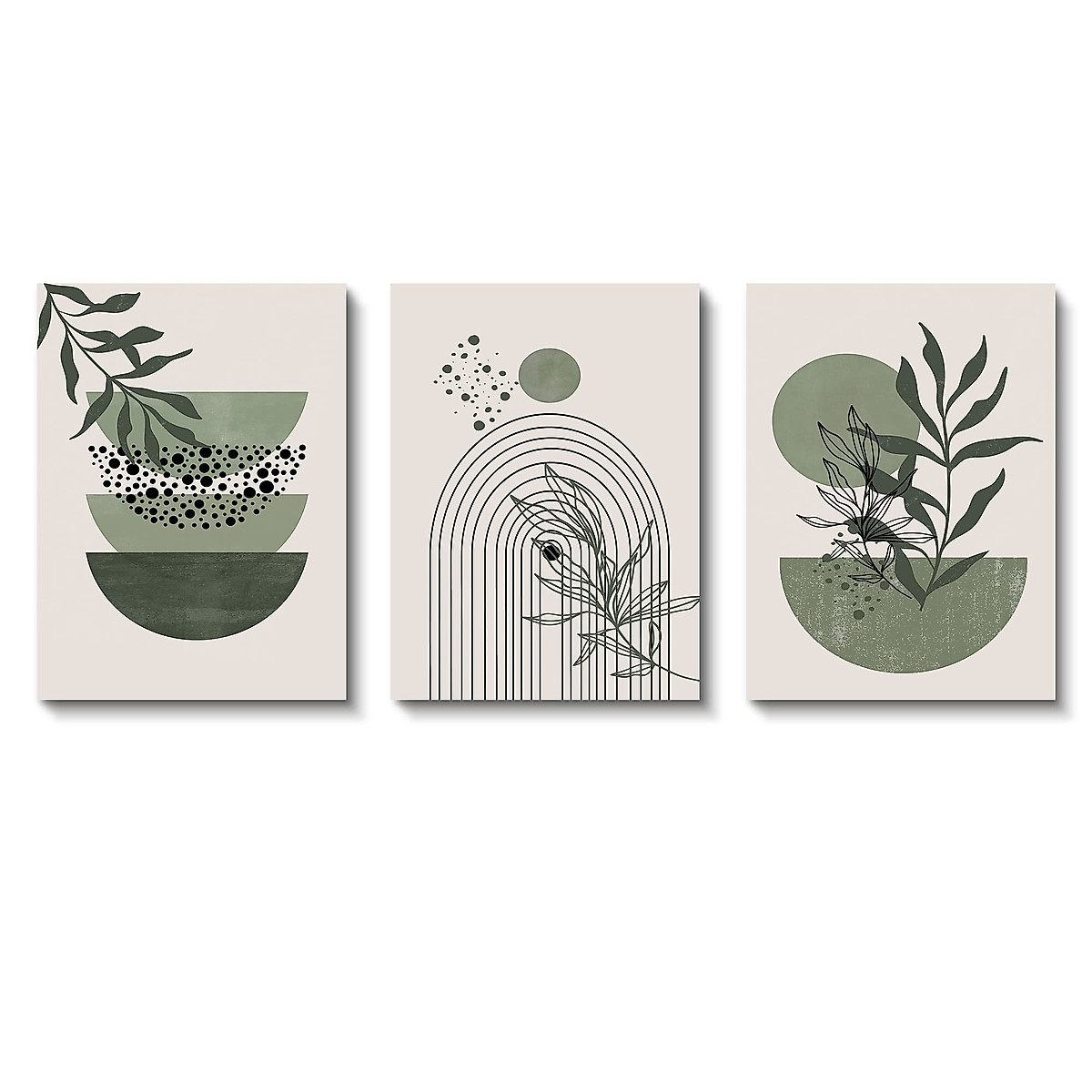Sage Green Wall Posters & Prints, Green Boho Wall Art Set of 3, Minimalist Framed Wall Art Geometric Line Leaf Sun Moon Beige Green Canvas Artwork Paintings