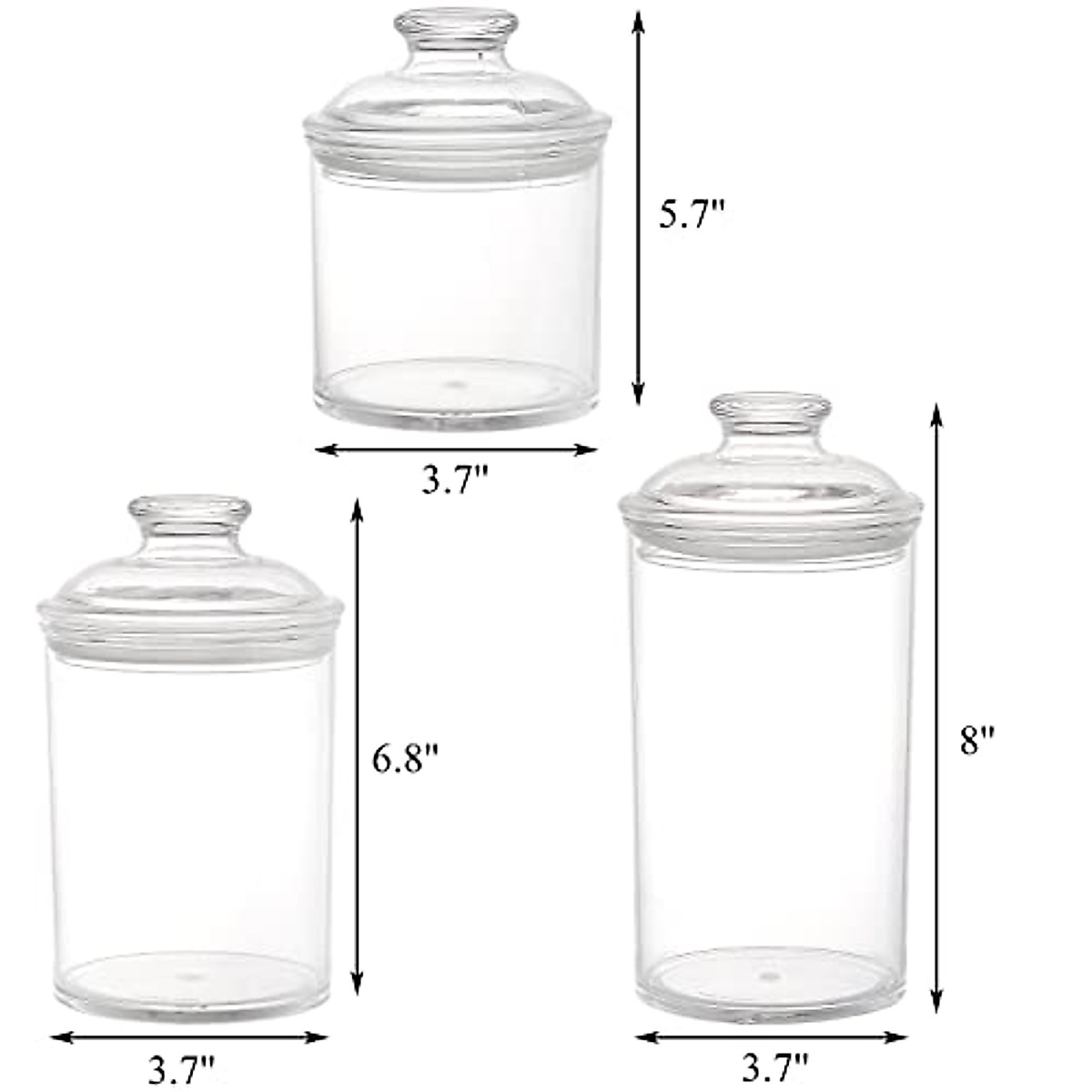 Lyellfe Set of 3 Acrylic Apothecary Jars, Vanity Organizer Canister with Airtight Lids, Bathroom Qtip Holder, Clear Storage Jar for Candy, Bath Salt, Cotton Ball, Cotton Swab, 34 oz, 25 oz, 17 oz