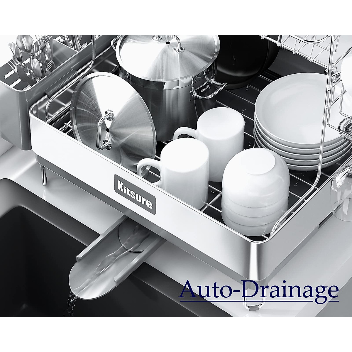 Kitsure 2-Tier Dish Rack, Large Capacity, Stainless Steel, Dish Drying Rack with Drainboard, Multifunctional Kitchen Dish Rack for Dishware