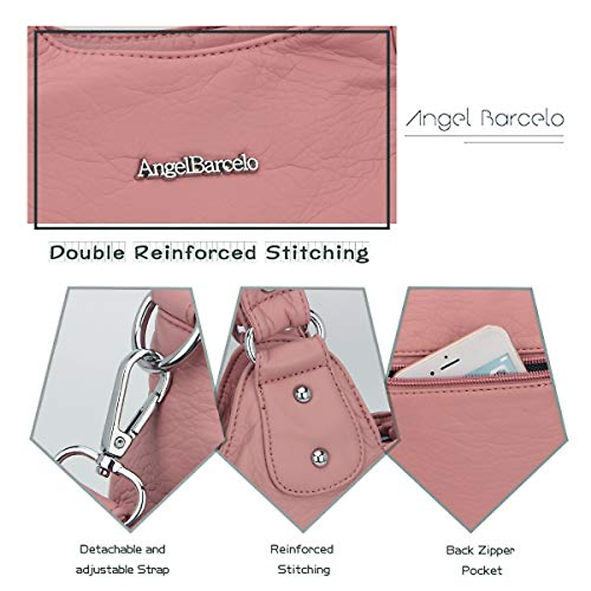 Angel Barcelo Roomy Fashion Hobo Womens Handbags Ladies Purse Satchel Shoulder Bags Tote Washed Leather Bag Pink