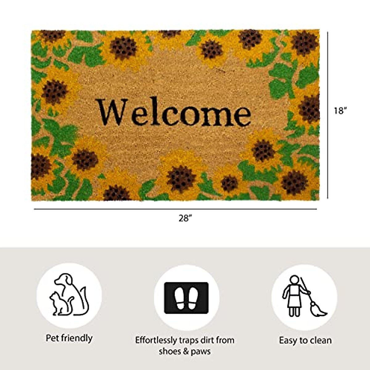 Storm Stopper – Doormat | Welcome Sunflowers | All Weather Heavy Duty Mat | Natural Coir Face | Non-Slip | Outdoor Home Décor | Absorbent, Fade Resistant & Pet Friendly | 18" x 28"