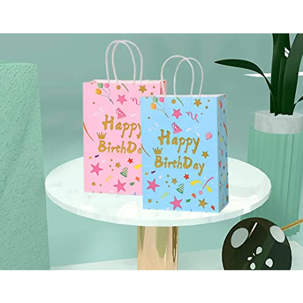 YYaaloa 28pcs Small Gift Bags with Handle Bulk 4 styles Birthday Star Print Party Favor Paper Shopping Bags for Kids Birthday Xmas Party Supplies Retail Bags (Birthday, Small 28pcs)