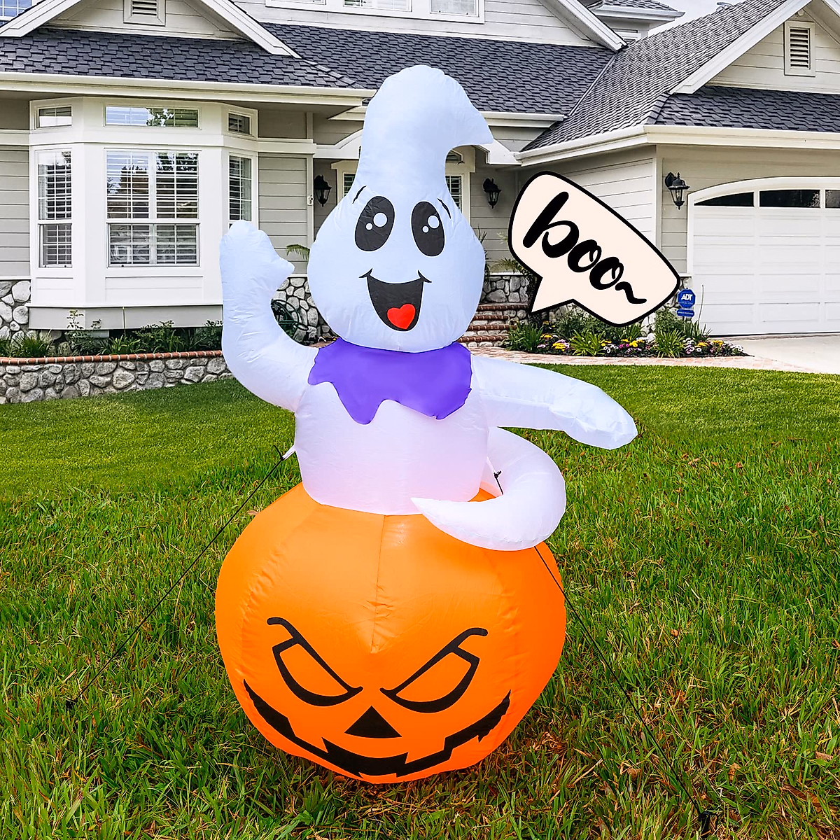 5 FT Halloween Inflatables Outdoor Decorations Ghost Pumpkin Decor with LED Lights and Air Pump Blow up Inflatable Clearance Halloween Decor Outside Garden Lawn Yard House