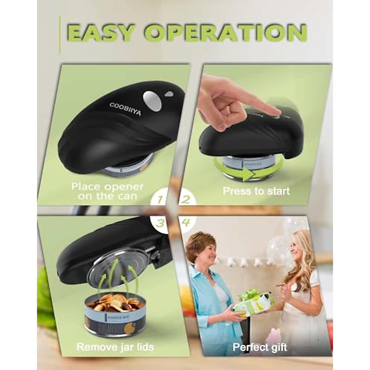 COOBIIYA Powerful Electric Can Opener, Rechargeable Can Opener Cordless for Seniors for Kitchen- Automatic Stop One Touch Can Electric Opener with Smooth Edge (Black)