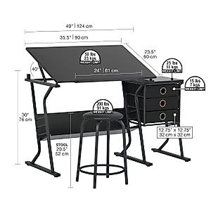 SD Studio Designs 2 Piece Eclipse Ultra Center/Drawing Table with Stool, Angle Adjustable Top, Storage Shelves, and Drawers