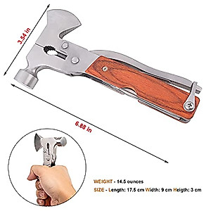 Multitool Hammer Camping Gear Accessories Survival Kits 14 in 1 Multifunction Tool Portable Folding Wood Handle Stainless Steel Multipurpose Equipment For Outdoor Hiking Hunting Tactic Unique Gifts