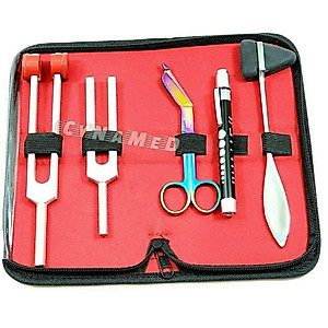 Premium Student Diagnostic Kit- Reflex Hammer & Tuning Fork Set C 128 And C 512 + Wartenberg Pinwheel Premium Steel Bandage Scissor 7.5” (Set Of 5 Rainbow Scissors Reusable Penlight)