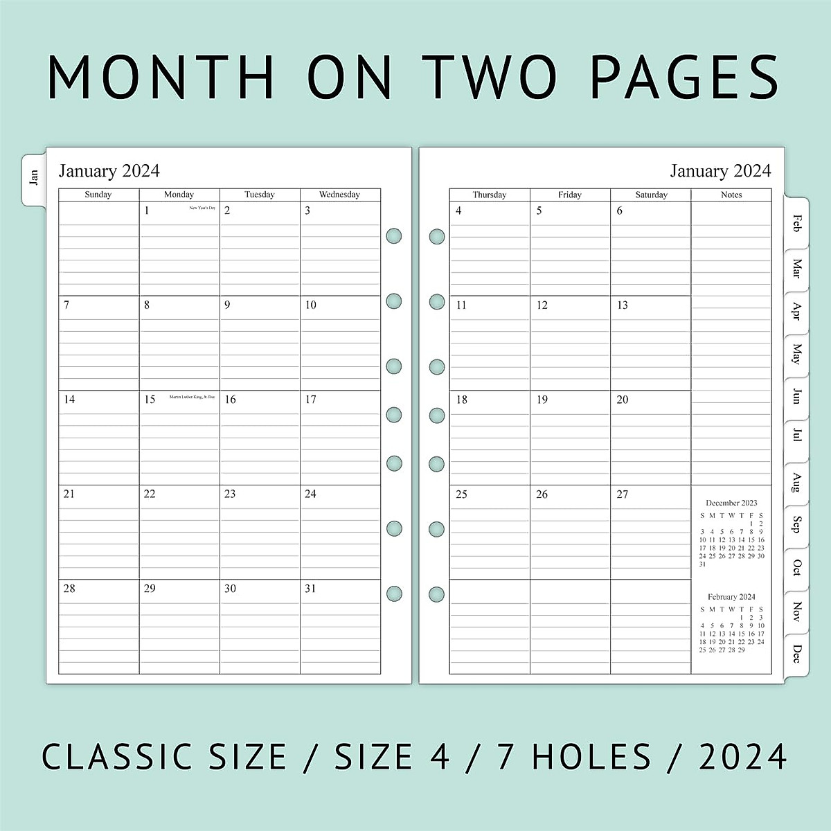 2024 Weekly & Monthly Planner Refill, 5-1/2" x 8-1/4", Runs from January 2024 to December 2024, Ruled Daily Boxes, Classic/Desk Size 4, 7-Hole Punched