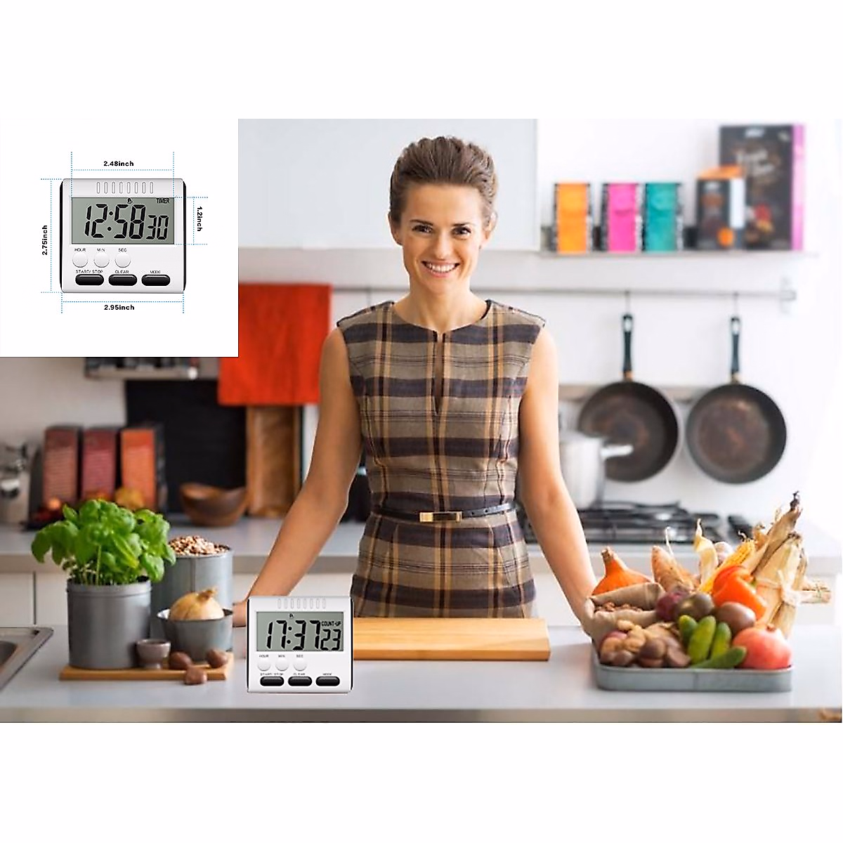 Hour Minute Second Count Up Countdown Digital Kitchen Timer, Big Digits, Loud Alarm, Magnetic Backing, Retractable Stand, 3 Pack Black