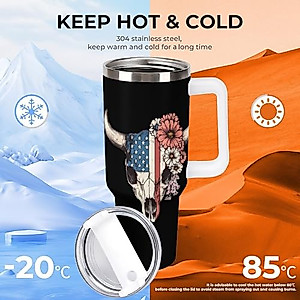 U.S Flag Cow Skull Tumbler with Handle Travel Mug Water Bottle Tea Coffee Cup White-style