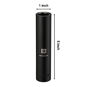 MIXPOWER 1/2" Dr. x 3/4-inch Extra Long Deep, 6 Point Impact Socket, Cr-Mo Alloy Steel, Radius Corner Design, Dual Size Markings, 5 inch Length