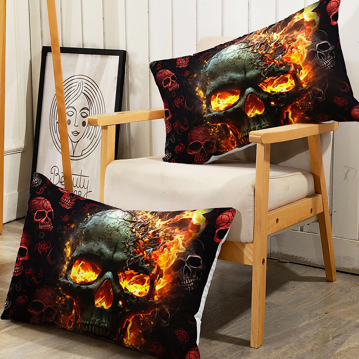 AILONEN Fire Skull Fitted Sheet Queen Size, 3D Skeleton Bed Sheet Set for Kids Boys,Fiery Style Black Tint Soft Breathable,1 Fitted Sheet 2 Pillowcases,3 PCS,Soft Microfibre