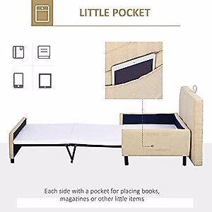 HOMCOM 2-in-1 Design Convertible Single Sofa Bed with Side Pocket and Metal Frame Couch for Living Room, Beige