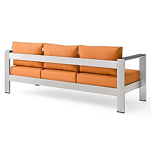Modway Shore Aluminum Metal Outdoor Patio Sofa With Silver Orange All-Weather Cushions