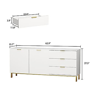 ECACAD Sideboard Buffet Storage Cabinet with Doors & Drawers, Kitchen Cupboard Cabinet with Storage Compartments & Gold Metal Legs, White (62.9”W x 15.7”D x 27.5”H)