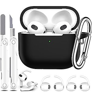 R-fun AirPods 3rd Generation Case Cover with Cleaner kit and Earbuds Hook Cover (2Pairs),Soft Silicone Protective Case for Apple AirPods 3 2021- Black