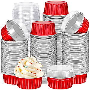 Gejoy 400 Pcs Disposable Ramekins 5 oz Aluminum Foil Baking Cups with Lids Mini Creme Brulee Cupcake Liners Muffin Pans Flan Mold Dessert Tin Container for Wedding Birthday Party(Red)