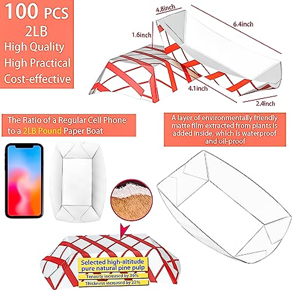 MotBach 100 Pack 2lb Checkered Paper Food Boats Disposable Paper Boats, Kraft Paper Food Trays Paper Food Serving Boat Tray Basket for Snacks Hot Dogs Sandwich Burgers Popcorn Chips Tacos Fries Nacho