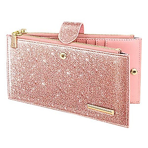 Womens RFID Blocking Pink Glitter Leather Multi Card Organizer Bifold Pink Wallet with Zipper Pocket,Rose Gold