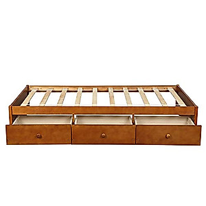 Twin Size Bed with 3 Storage Drawers, Solid Wooden Twin Platform Bed with Support Slats, Twin Bed Frame for Kids Teens, No Box Spring Needed (Twin, Oak)