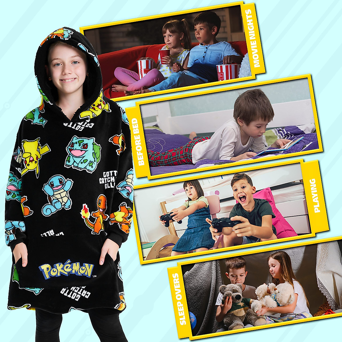 Pokemon Oversized Hoodie Blanket for Kids, Pikachu Gifts for Boys (Black Aop)