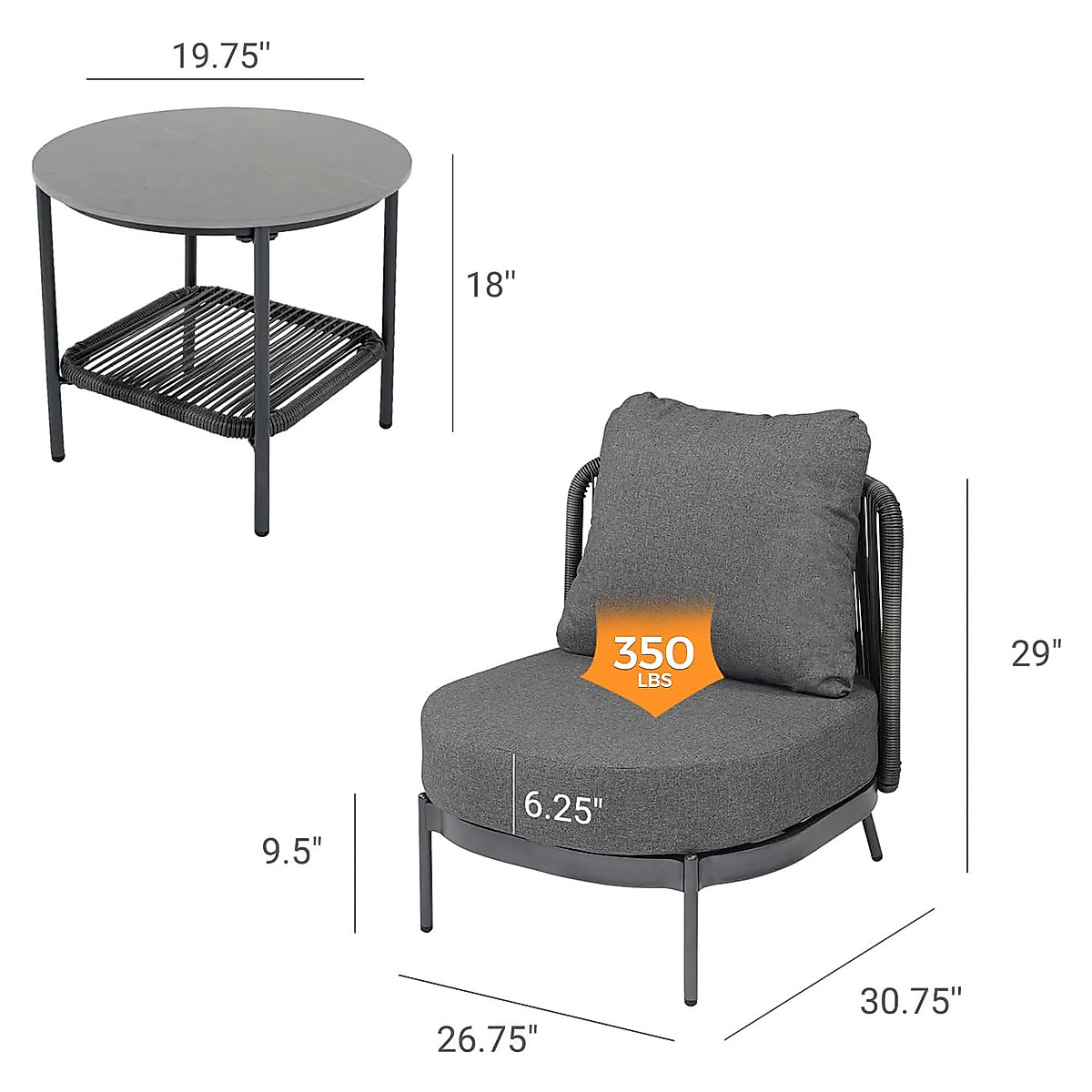 Grand patio Outdoor 3-Piece Conversation Seating Set - Low Slung Comfort, Lightweight Aluminum Frame, Water-Resistant 6.25" Thick Cushions - Dark Gray