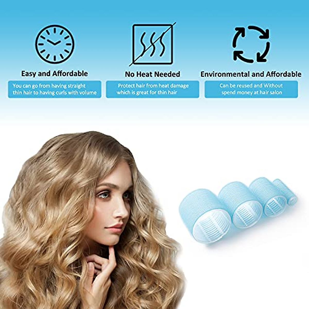 Self Grip Hair Rollers Set, Jumbo Size Hair Curlers, Salon Hair Dressing Curlers, Self Holding Rollers for DIY or Hair Salon Curlers for Hair Styling, 4 Sizes 24 Pack (Blue)