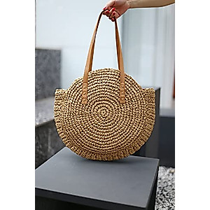 COOKOOKY Straw Beach Bag Summer Handmade Woven Shoulder Tote Bags Purse for Women (Round Khaki Bag and Rattan Earrings)