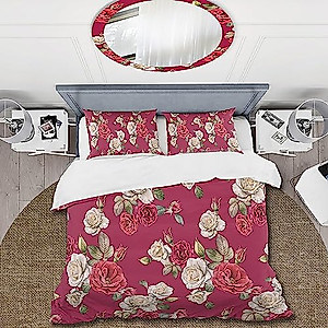 DESIGN ART Designart 'White Roses Pattern On Red Background' Traditional Duvet Cover Set King