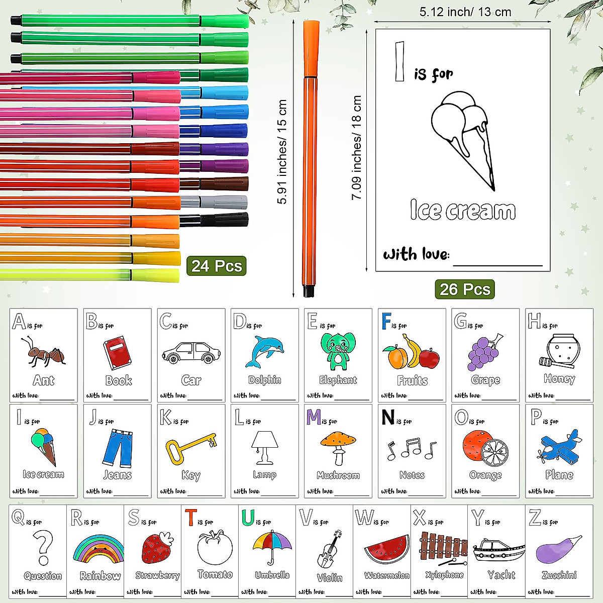 Geelin Fun Baby Shower Game Kid's ABC Book Sign 26 Coloring Game Card Alphabet A to Z Coloring Card 24 Watercolor Pen for Baby Shower Party Activities(Greenery)