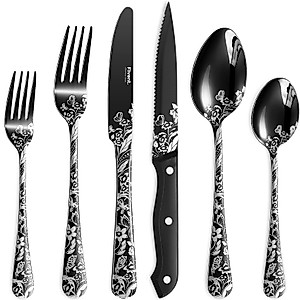 Fivent 24-Piece Black Butterfly Silverware Set, Service for 4, Stainless Steel Flatware Set with Steak Knives, Mirror Polished Cutlery Set, Hand Wash Recommended…