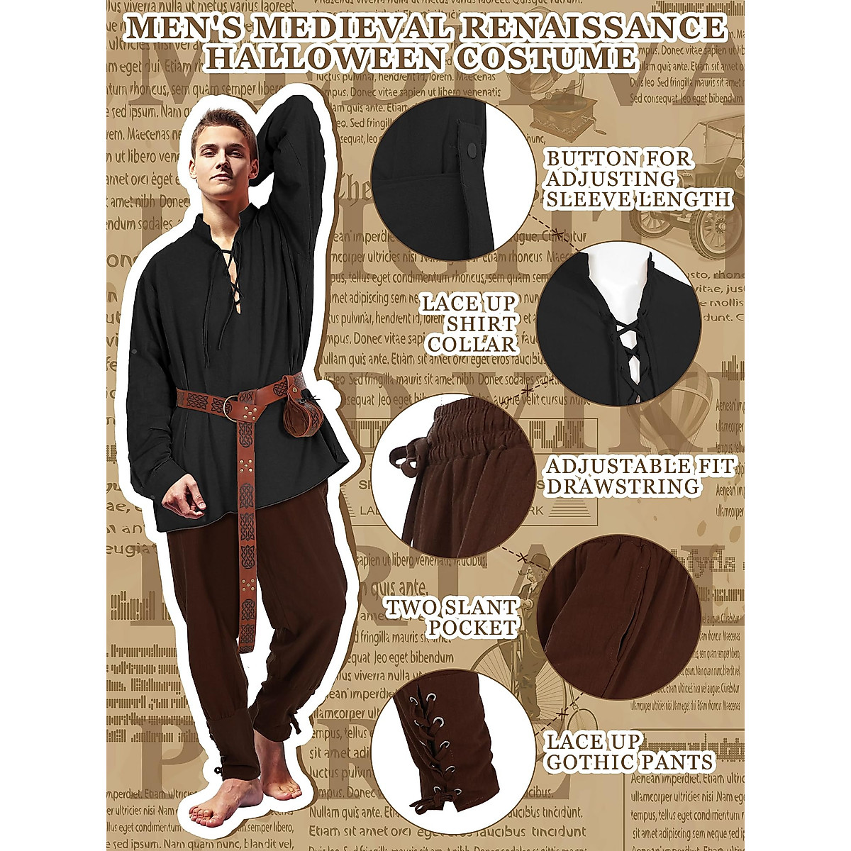 Panitay 4 Pcs Halloween Men's Medieval Costume Set Renaissance Pirate Shirt Pants Viking Belt Retro Pouch Outfit for Cosplay(X-Large,Black, Dark Brown, Brown)