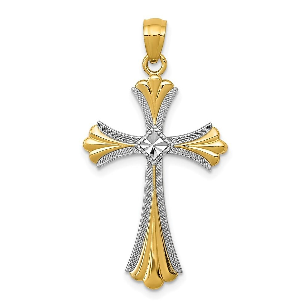 Diamond2Deal 14K Yellow Gold Diamond-cut Rhodium Plated Religious Crucifix Cross Pendant 33mm