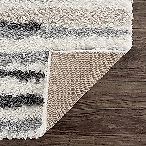 Lux Shag Collection - Moroccan Farmhouse Living Room Bedroom Shaggy Area Rug - Bohemian Shag Rug - Plush High Pile - Southwestern Boho Soft Carpet - Tribal Aztec - Grey, Off White, Beige - 5'3" x 7'3"
