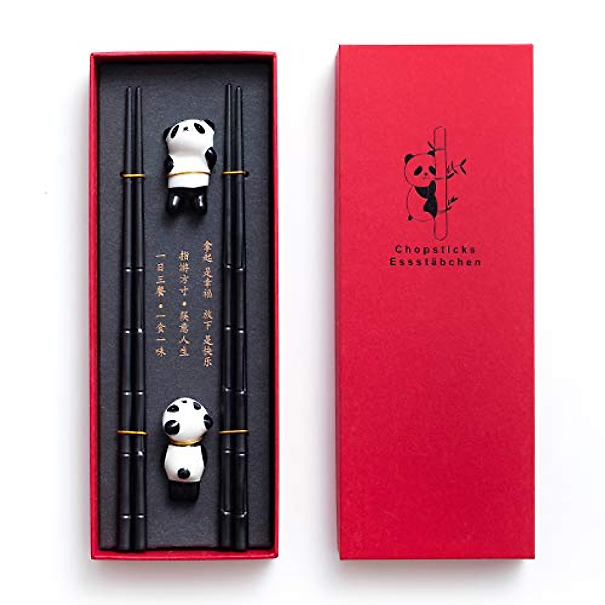 HauSun 2 Pairs Chopsticks and Chopstick Rest Gift Set- Dishwasher Safe Reusable Fiber Glass Chopsticks + Porcelain Cute Panda Chopstick Holder, Non-slip Chinese Japanese Style Chopsticks Set, Black