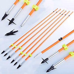 AMEYXGS Bowfishing Arrow Hunting Solid Fiberglas Shaft with Broadheads Tip and Safty Slides for Compound Recurve Bow (Type 1, 6)
