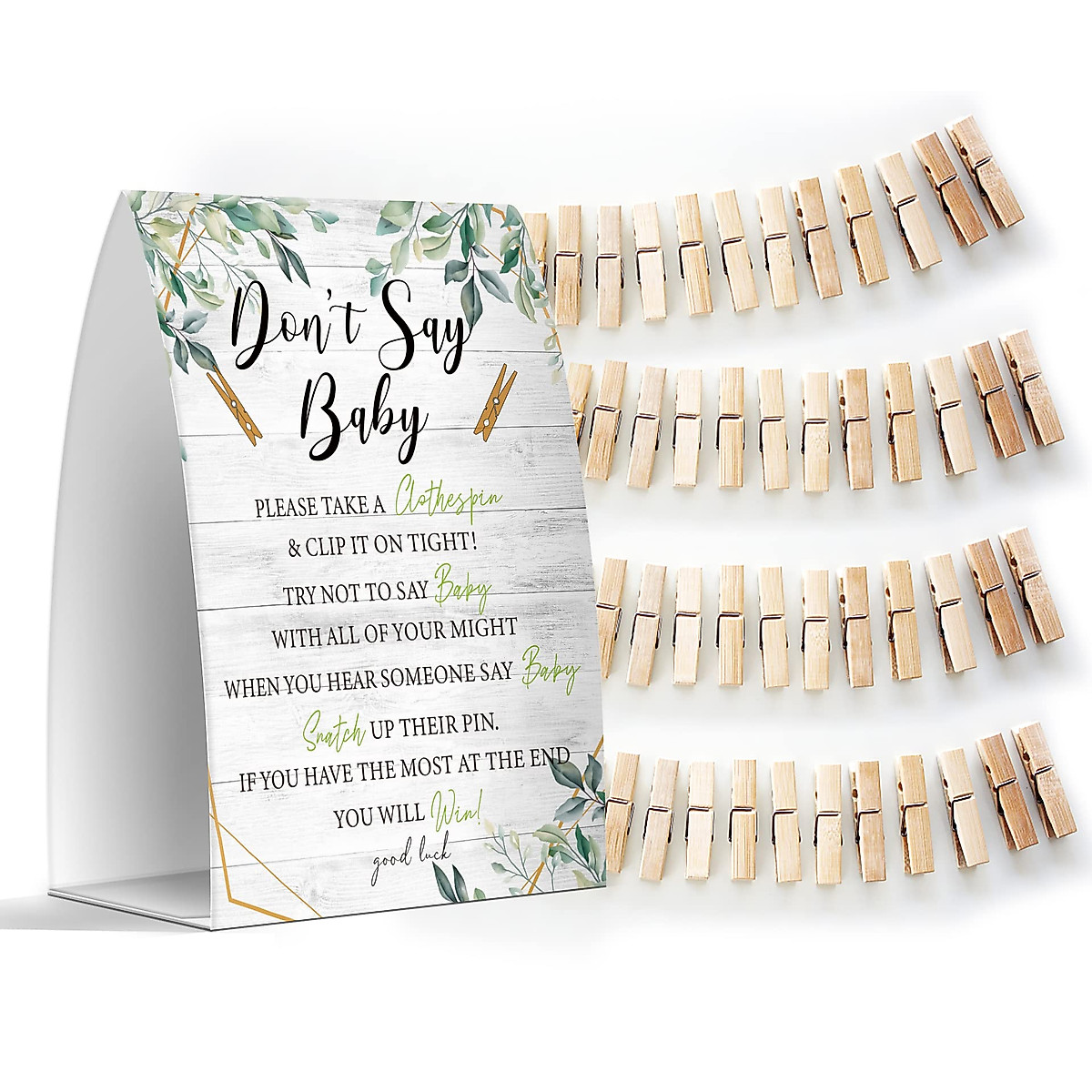 Don't Say Baby Set - One 5x7 Sign and 50 Mini Clothespins, Baby Shower Games, Baby Shower Decoration, Gender Neutral Baby Shower - MsJb036
