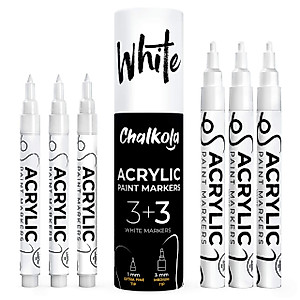 Chalkola Acrylic White Paint Pens (6 Pack) Extra Fine Point (1mm) & Medium Tip (3mm) - Permanent White Marker Ink for Rock Painting, Fabric, Tire, Metal, Wood, Canvas, Glass, Plastic, Stone, Ceramic