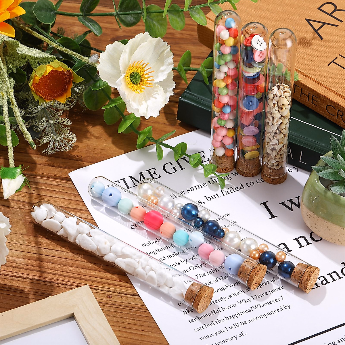 Thyle 100PCS Glass Test Tubes with Cork Clear Stoppers Round Bottom Lab Test Alcohol Tampons Glass Tubes Container Vials for Plants Scientific Experiments Candy Storage Party Favors (20x150mm/35ml)