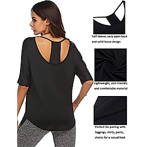 Pinspark Womens Breathable V Neck Cut Out Back Shirts Open Active Yoga Tops Black XL