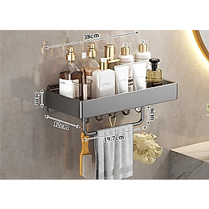 YISMAN Floating Shelves Wall Mounte,with Towel Bar and 5 Hooks, Storage Shelves Organizer for Bathroom, Kitchen, Balcony,Set of 2 (14.96 Grey)