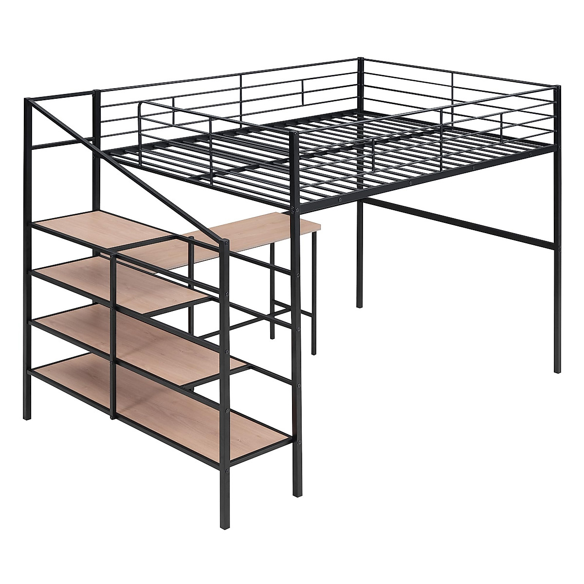 FANYHOME Full Size Metal Loft Bed with Desk and Metal Grid, Stylish Metal Frame Bed with Lateral Storage Ladder and Wardrobe loft Bed Twin Size with Desk (Black)
