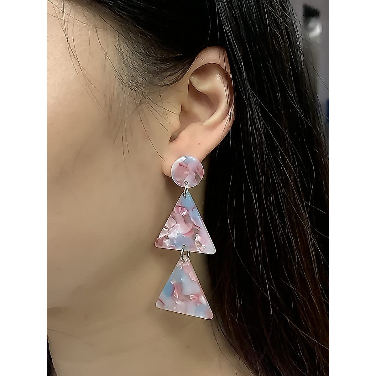 Acrylic Double Triangle Dangle Earrings for Women Resin Geometric Round Circle Tassel Drop Dangling Stud Hypoallergenic Lightweight Retro Party Y2K Jewelry Christmas Tree (Pink and Blue)
